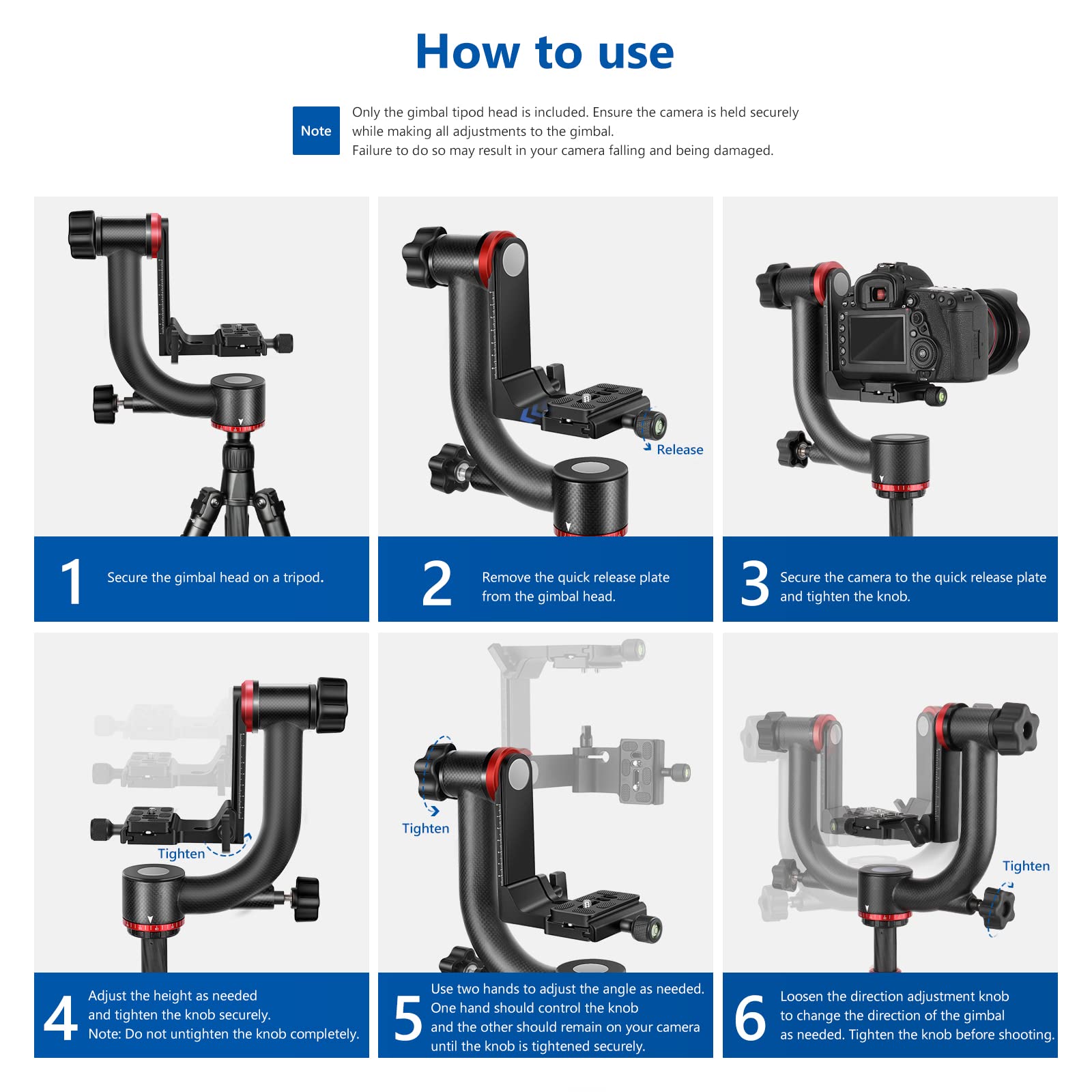 Neewer GM100 Professional Heavy Duty Carbon Fiber Gimbal Tripod Head with 1/4” Quick Release Plate, Bearing Structure Supports Smoother 360 Degree Panoramic Shooting for DSLR Camera Up to 30lbs/13.6kg