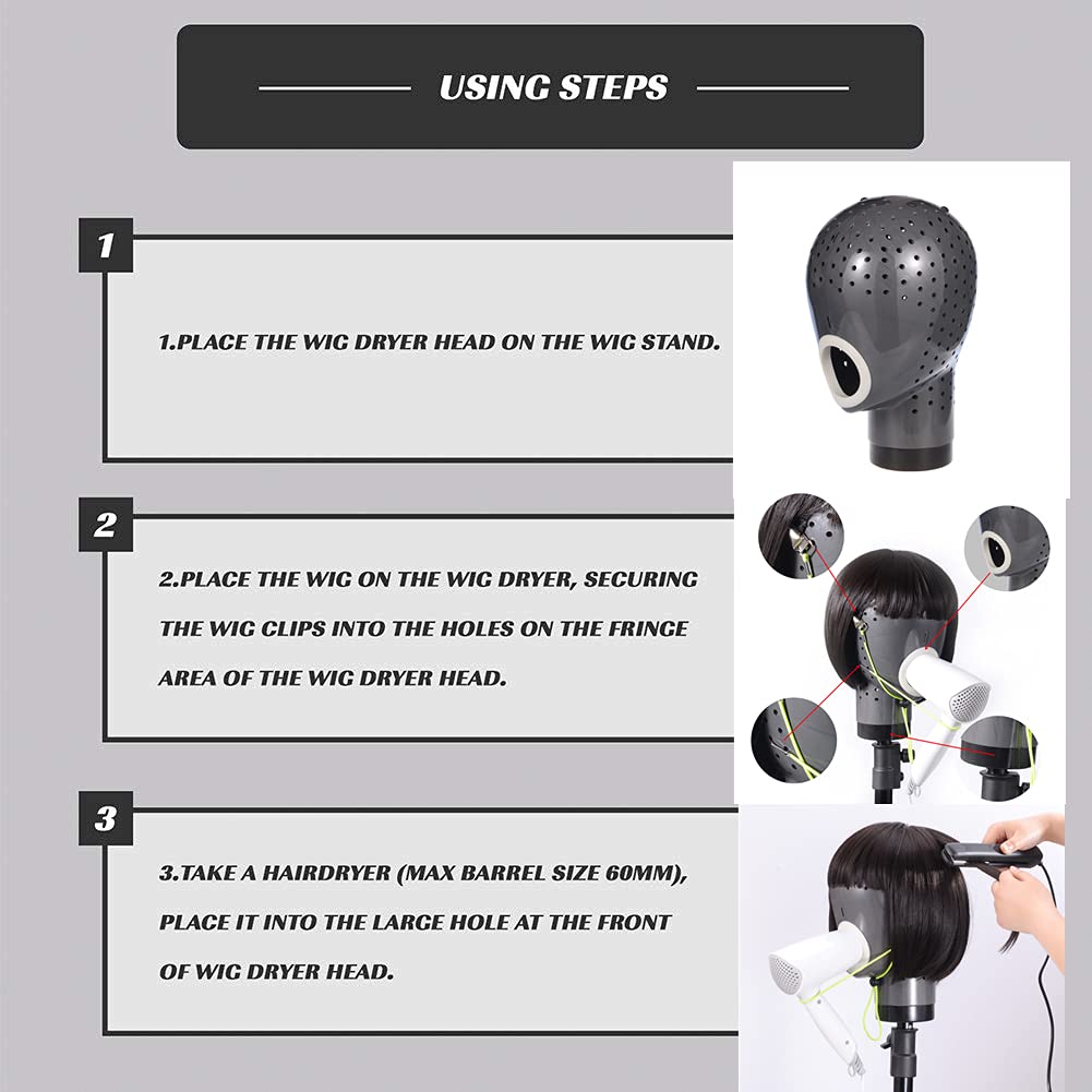 HOMEGOAL Hair Dryer Fresh Wig Head Dryer Wig Stand Wig Holder Mannequin Head, Drying Wig From Inside to Outside, Quickly, Easily, For Lace Wig Scalp Cap Net (Dark Grey)