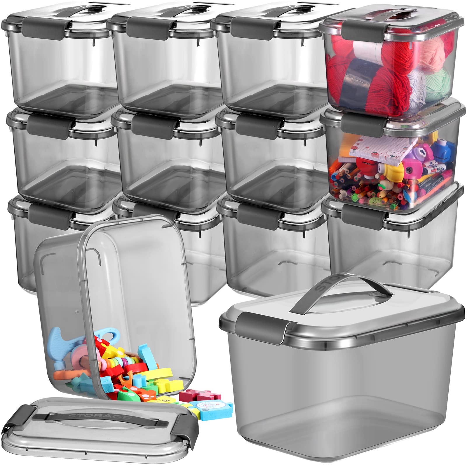 12 Pcs 5.5 Quart Clear Latch Storage Box Clear Black Latch Bins with Lids and Handles Plastic Lidded Storage Containers for Organizing Stackable Small Totes Storage Tubs for Home Toy Organizer