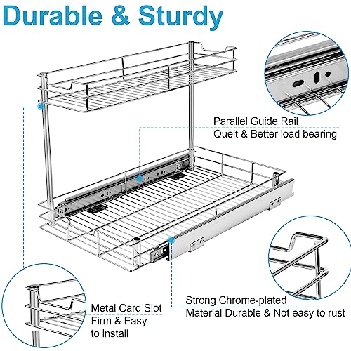 2 Tier Pull Out Cabinet Organizer, 20.7" D x 12.7" W x 13.9" H, Heavy Duty, Under Sink Slide Out Storage, Sliding Wire Drawer Base Cabinet for Kitchen Bathroom Pantry, Chrome
