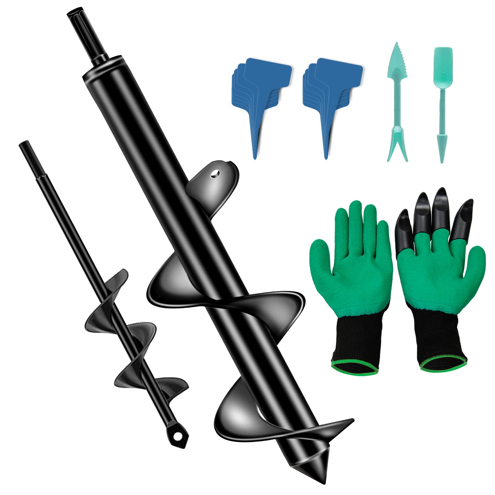 Auger Drill Bit for Planting 1.6"x9" 3"x12" Garden Spiral Set Auger Post Hole Digger for Bedding Plant Bulbs Planter Flowers Umbrella Ice Hole for 3/8” Hex Drive Drill, Garden Gloves 14x Plant Labels