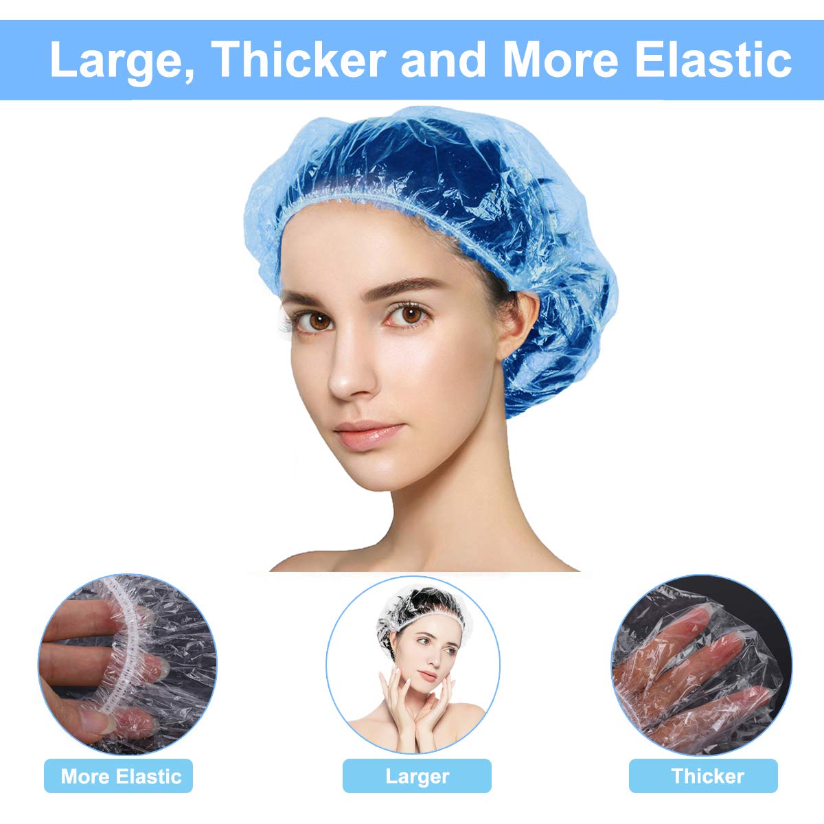 100+10 Shower Caps Disposable, Waterproof Plastic Bath Caps, Elastic Hair Processing Caps for Women Man Kids Girls, Hotel, Home Use (Blue)