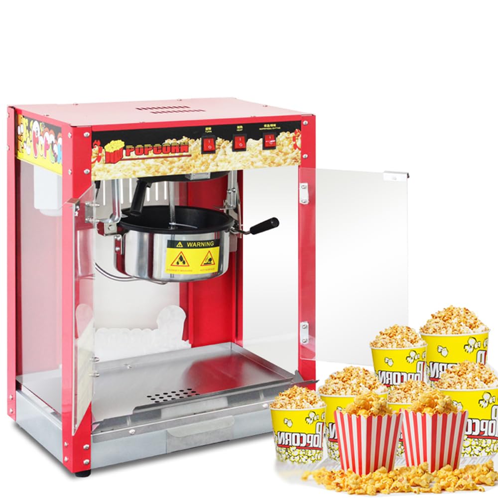 110V US Commercial Popcorn Machine, 8oz Popcorn Maker with Stainless-Steel Kettle,1400 W Countertop Popcorn Maker ,Movie Theater Popper with 3-Switch Control Steel Frame Acrylic Doors, Red