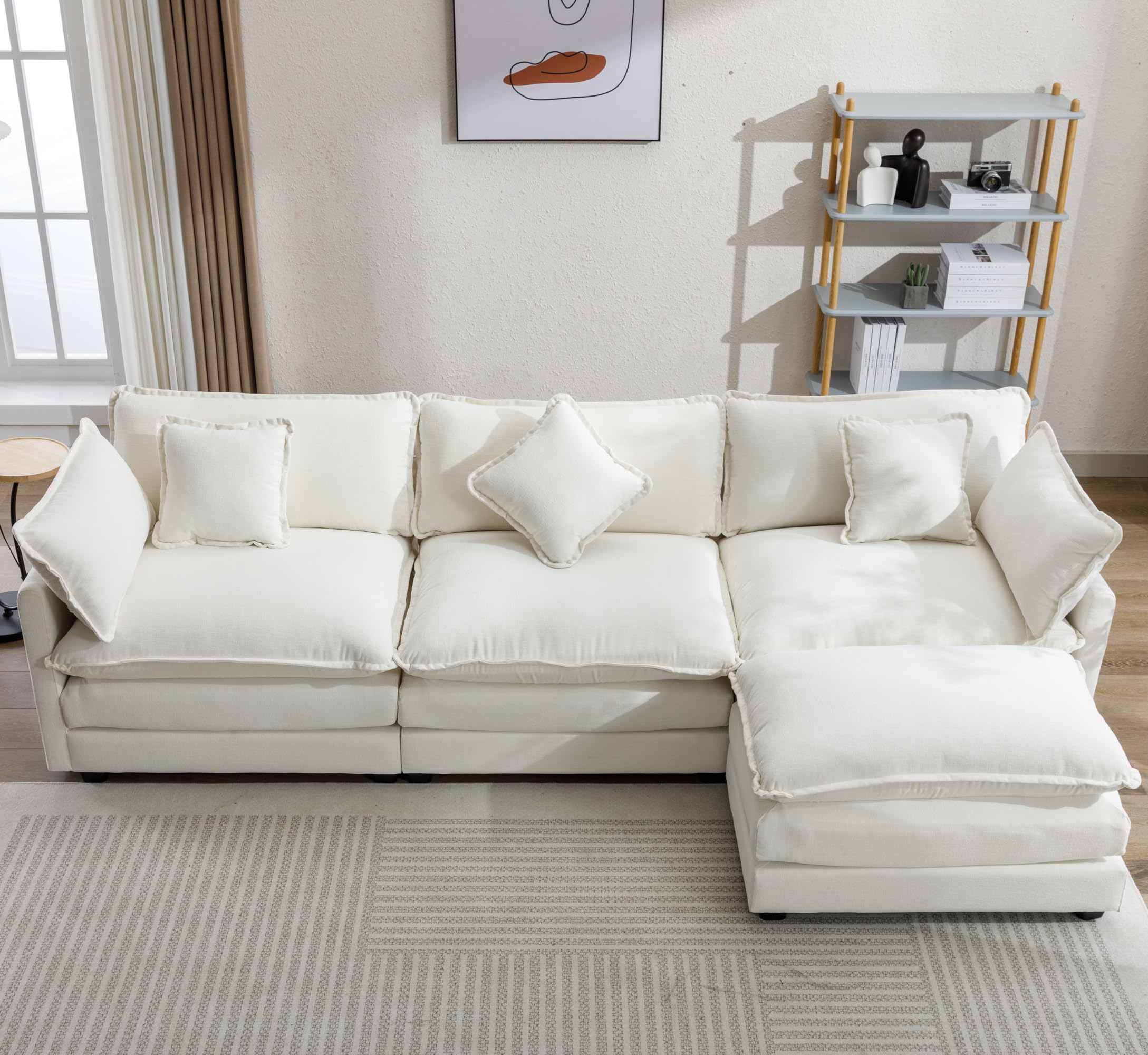 111.4" L-Shape Chenille Upholstered Sofa, Modern Modular Sectional 3 Seat Sofa Couch with Removable Ottoman and 5 Pillows for Living Room, Office Apartment (Beige-111)