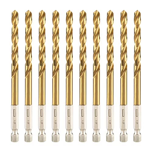 AugTouf 1/4" Hex Shank Drill Bits (10Pcs), Premium 4341 HSS Titanium Impact Hex Drill Bits for Wood, Steel, Metal, Plastic, Quick Change Design