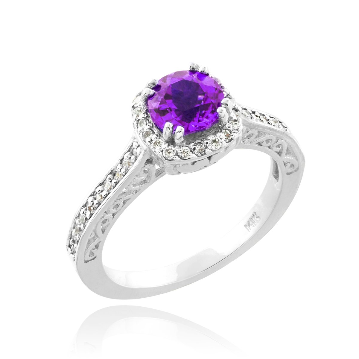 10k White Gold Diamond Halo February Birthstone Band Amethyst Engagement Ring (Size 10.75)