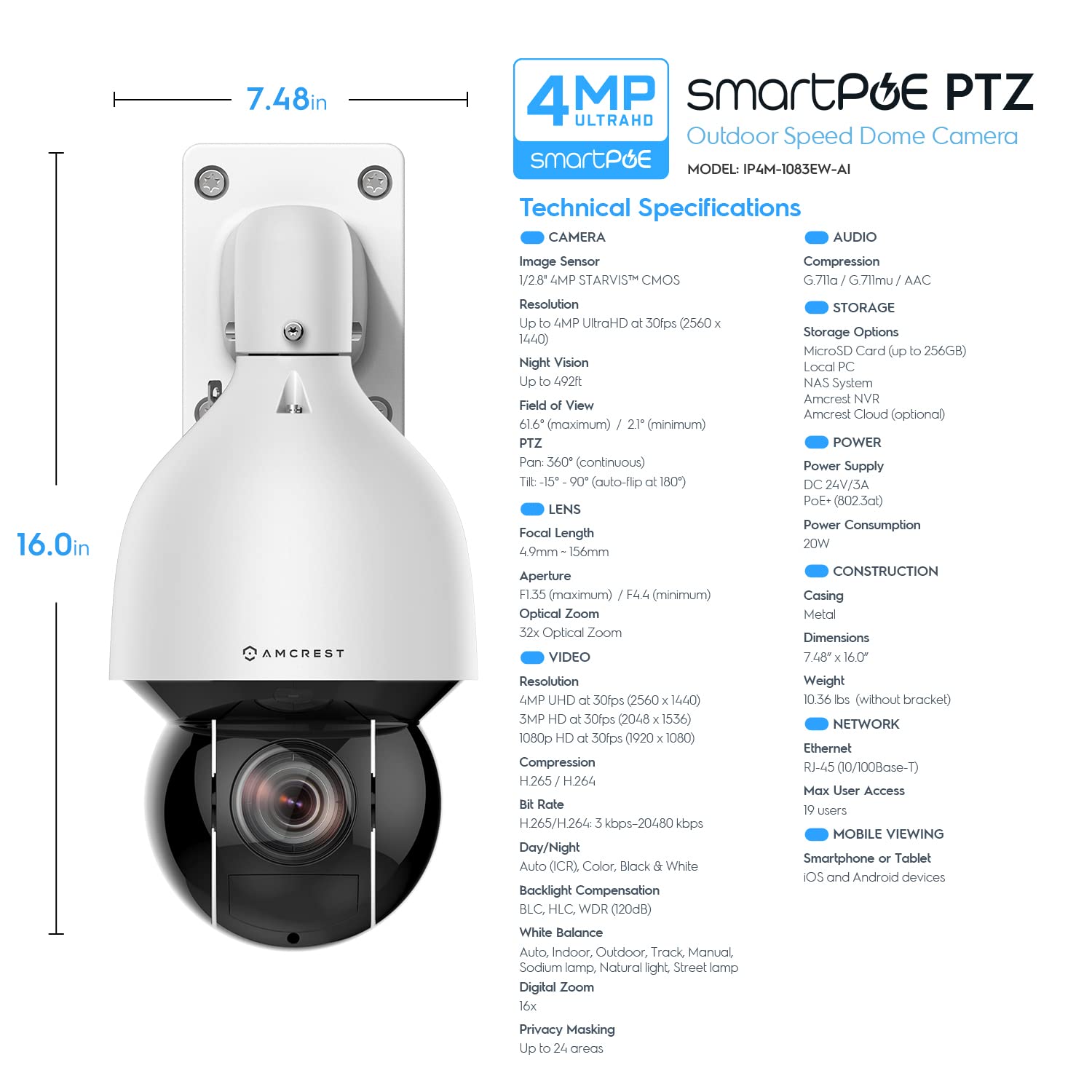 Amcrest 4MP Outdoor PTZ POE + IP Camera Pan Tilt Zoom (Optical 32x Motorized) UltraHD POE+ Camera Security Speed Dome, People and Vehicle Detection AI, 492ft Night Vision POE+ (802.3at) IP4M-1083EW-AI