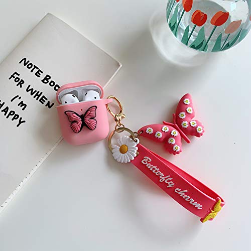 Xbs Airpods Case with Butterfly Pattern, Soft Silicone Butterfly Pendant and Shockproof Dust Plug Cover for Women and Girls, Compatible for Apple Airpods 2&1 Front LED Visible (Pink Butterfly)