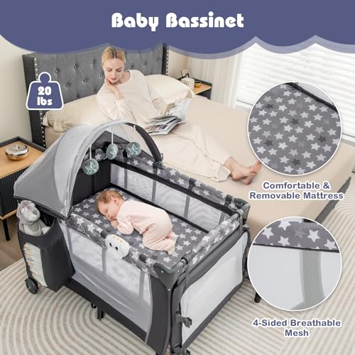 HONEY JOY Pack and Play with Bassinet, 4-in-1 Portable Baby Playard with Changing Table, Net & Cute Toys, Diaper Storage Bag, Music Box, Wheels with Brake, Foldable Newborn Play Yard w/Carry Bag