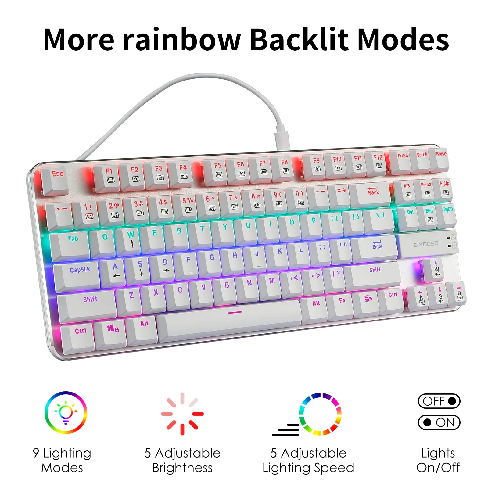 chuangquan Z-66 Mechanical Keyboard, Blue Switches, Wired Gaming Keyboard, Rainbow LED Backlit, USB Type-C Cable, Compact 87Keys, for Windows PC Laprop Mac