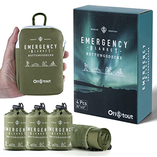 OriStout Emergency Blankets for Survival, 4 Pack of Extra Large Thermal Space Mylar Blankets, Emergency Blanket for Car, Winter Survival Kit for Snow/Camping/Hiking/Outdoor (Army Green)