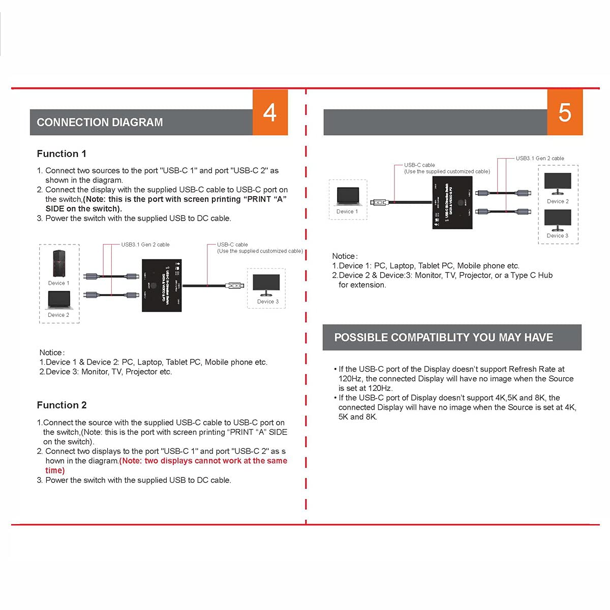 Cablecc USB-C Type-C Bi-Direction Switch MST 1 to 2 Hub Support Video Data PD 8K@30hz 100W 10Gbps with 50cm Cable