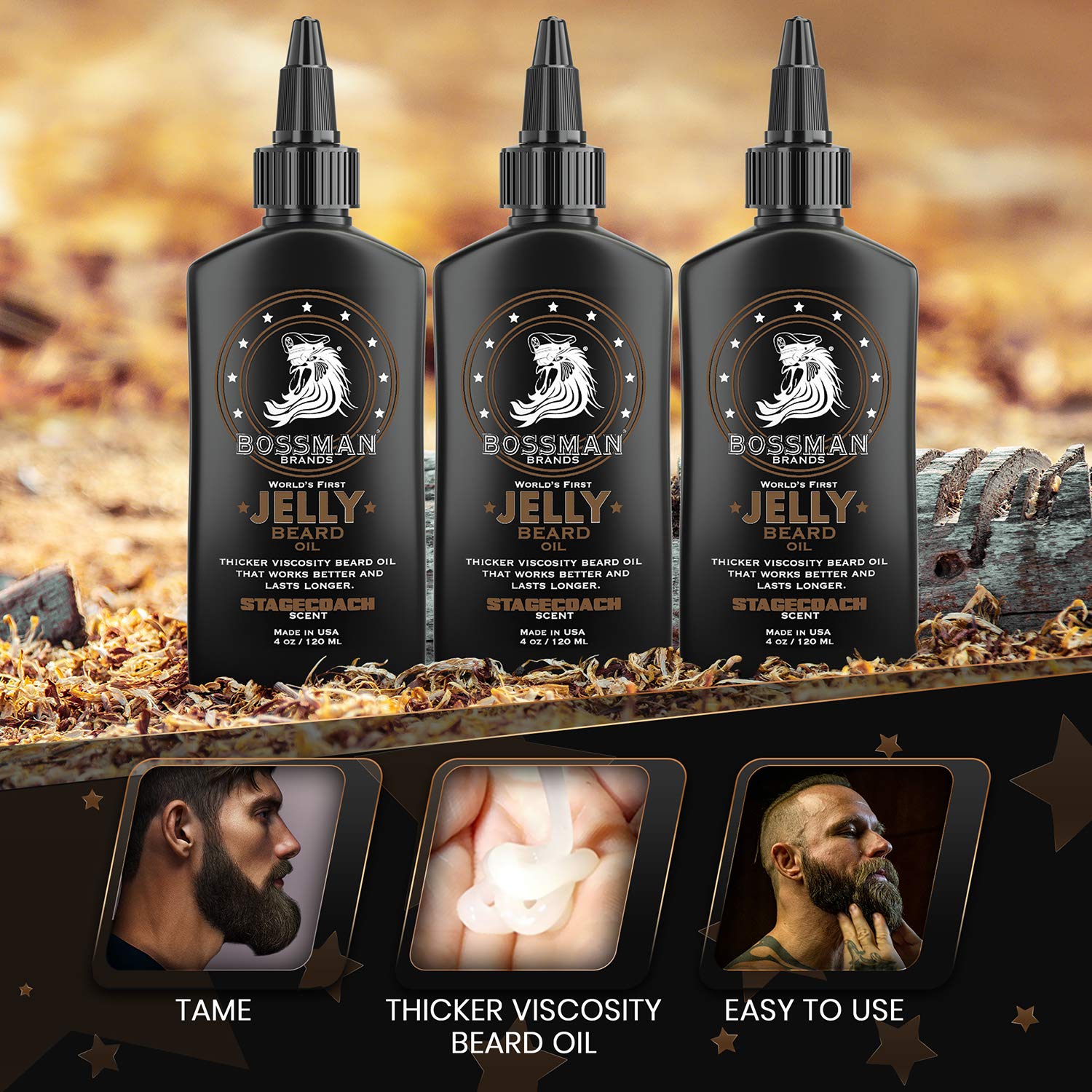 Bossman Jelly Beard Oil - Beard Growth Softener and Moisturizer Care - Larger 4oz, Bottle - 3 Pack Kit - Made in USA (Stagecoach Scent)