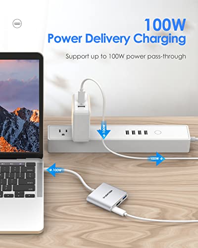 LENTION 3-in-1 USB C Hub with 100W Power Delivery, USB 3.0 & 4K HDMI for 2022-2016 MacBook Pro, New Mac Air/Surface/Chrome/Steam Deck, More, Stable Driver Adapter (CB-C14, Silver)