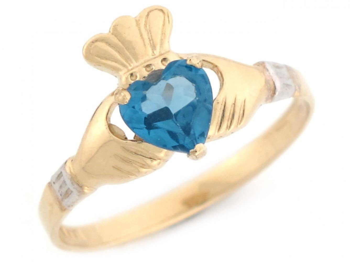 10k Gold Claddagh Simulated Blue Zircon December Birthstone Ring - Size 9.75