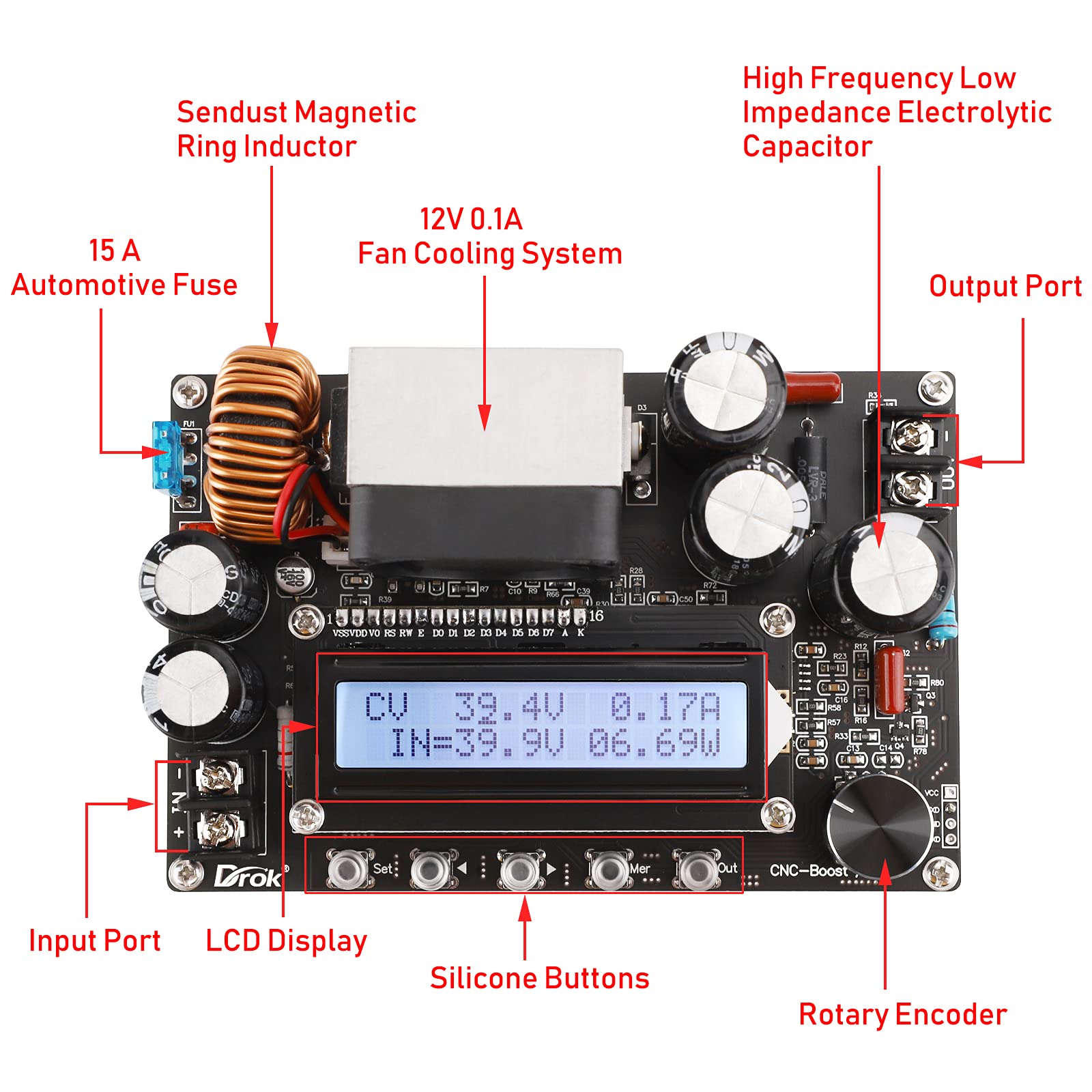 DROK DC Boost Converter, CNC 10V-65V to 12V-120V DC to DC 12V 24V 36V 48V 12A 800W Adjustable Power Supply Voltage Regulator Module, Solar Panel MPPT Charging, with Cooling Fan