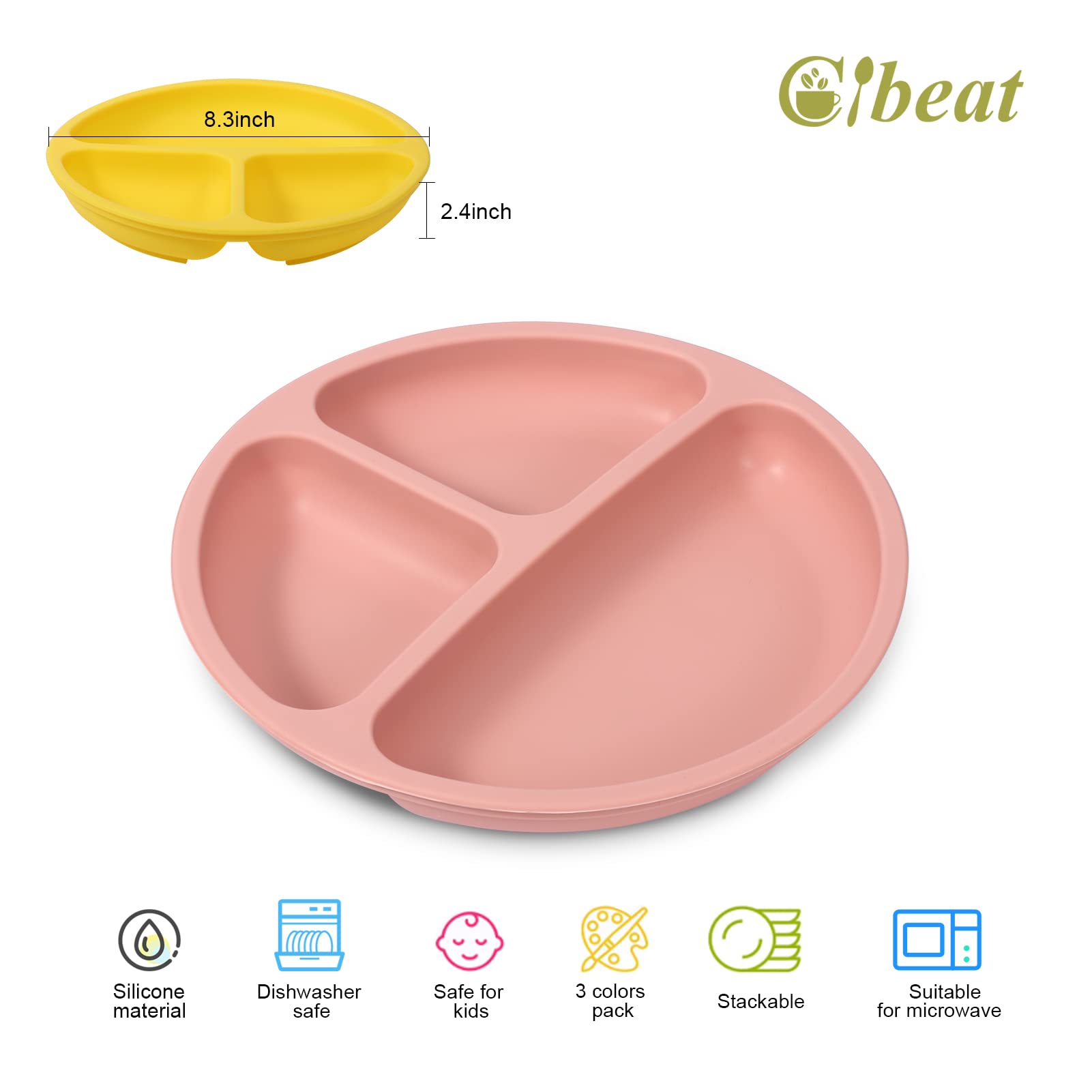 Cibeat Toddler Plates 3 Pack, 100% Silicone Suction Plates for Babies and Toddlers, Microwave and Dishwasher Safe, BPA Free, Divided Design, Pink & Yellow & Purple