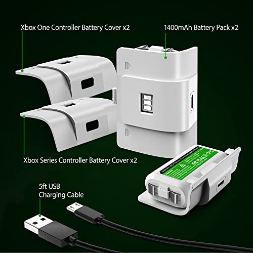 2 Pack Rechargeable Controller Battery Pack for Xbox One/Xbox Series X S with 4 Battery Cover (White) Play and Charge Kit with Micro USB Charging Cable for Xbox 1 S/X/Elite Wireless Remote