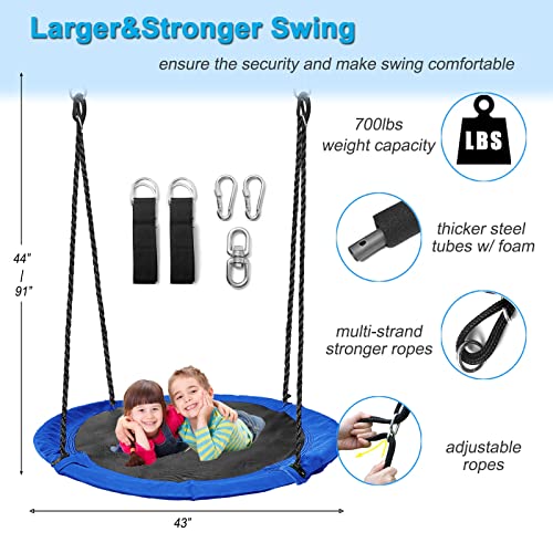 43β Saucer Tree Swing,700lbs Weight Capacity,Waterproof Textilene 360 Degree Rotation w/ 1 Swivel,2 Adjustable Ropes&2 Hanging Straps,Easy to Install,for Kids Adults Backyard,Playground(Blue)