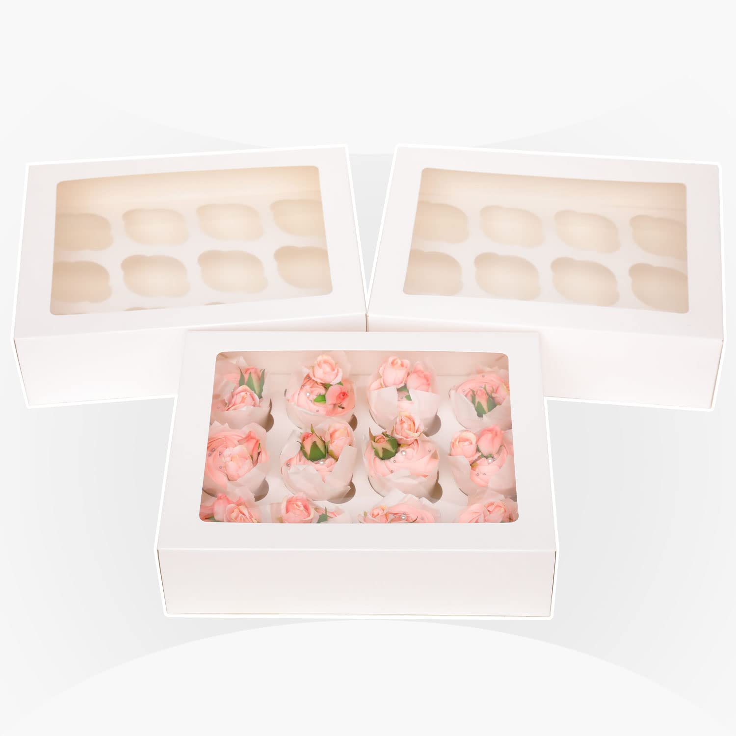 12 Cupcake Containers 20-Packs White Cupcake Box Cupcakes Carrier, 12 Cupcake Boxes with Window 13"x10"x3.5"(Auto-pop up)