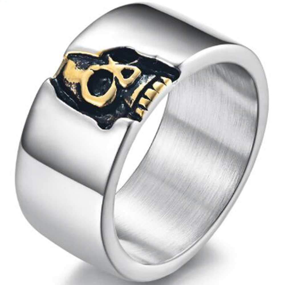 10mm Stainless Steel Gothic Skull Death Halloween Cocktail Party Biker Statement Ring (Silver Gold, 13)
