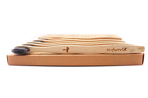 ECOFWORLD Soft Charcoal Bamboo Toothbrush - Natural Wooden Organic | USDA Certified Eco-Friendly | Extra Soft BPA Free Bristles Biodegradable | Individually Packed (Adults - 5 Pack)