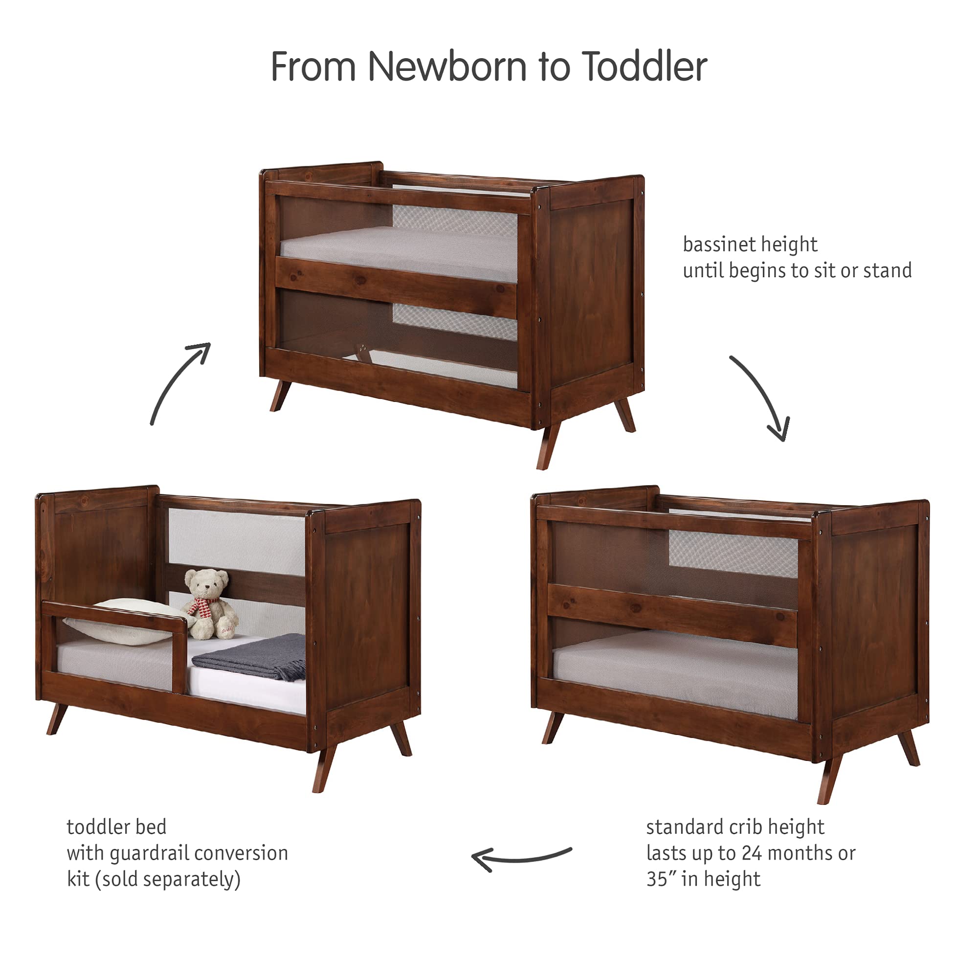 BreathableBaby Breathable Mesh 3-in-1 Convertible Crib (Toddler Bed Kit Sold Separately) — Walnut — Two Adjustable Mattress Heights — Greenguard Gold Certified