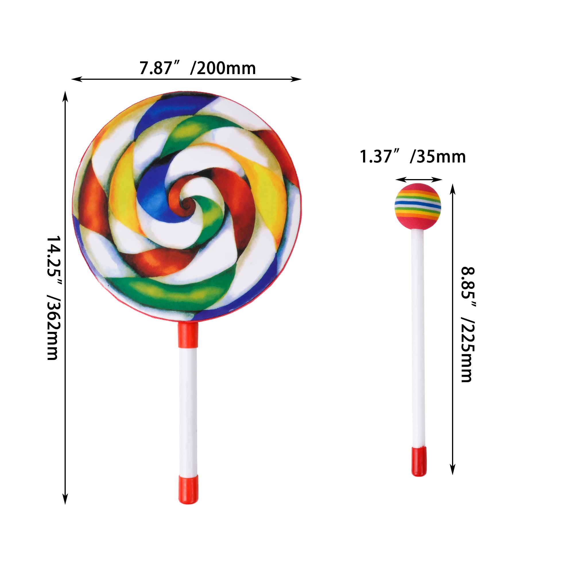 10pcs Multicolor Lollipop Shape Percussion Hand Drum Dia 20cm with Hammers