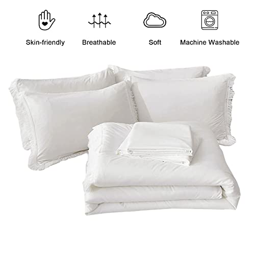 7 Pieces Bed in a Bag Comforter Set White Tassel Comforter Set Boho Fringe Comforter Tufted Soft Microfiber Bedding Sets King (1 Comforter,2 Pillowcases,2 Pillow Shams,1 Flat Sheet,1 Fitted Sheet)