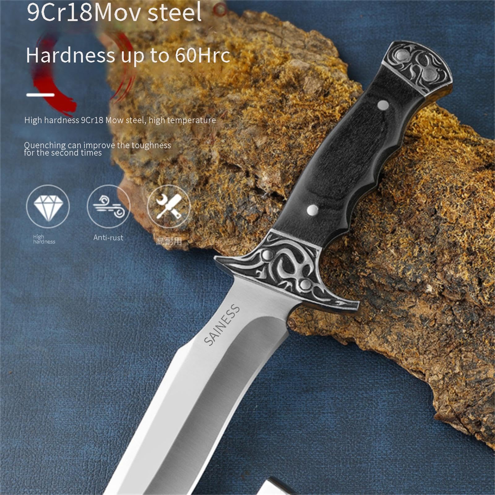 10MOONS 8.78-inch Bowie Knife Full-Tang Fixed Blade, Black-Colored Wood Handle Hunting Knife with Embossed Leather Sheath for Camping, Hiking, Survival