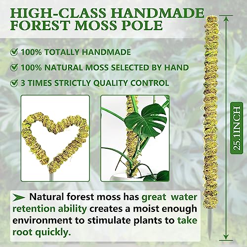 2 Pcs Moss Pole for Plants Monstera - 25 Inch Bendable Plant Stakes for Indoor, Moss Poles for Climbing Plants, Handmade Mossy Rod Plant Support for Creeper Plants Grow Upwards