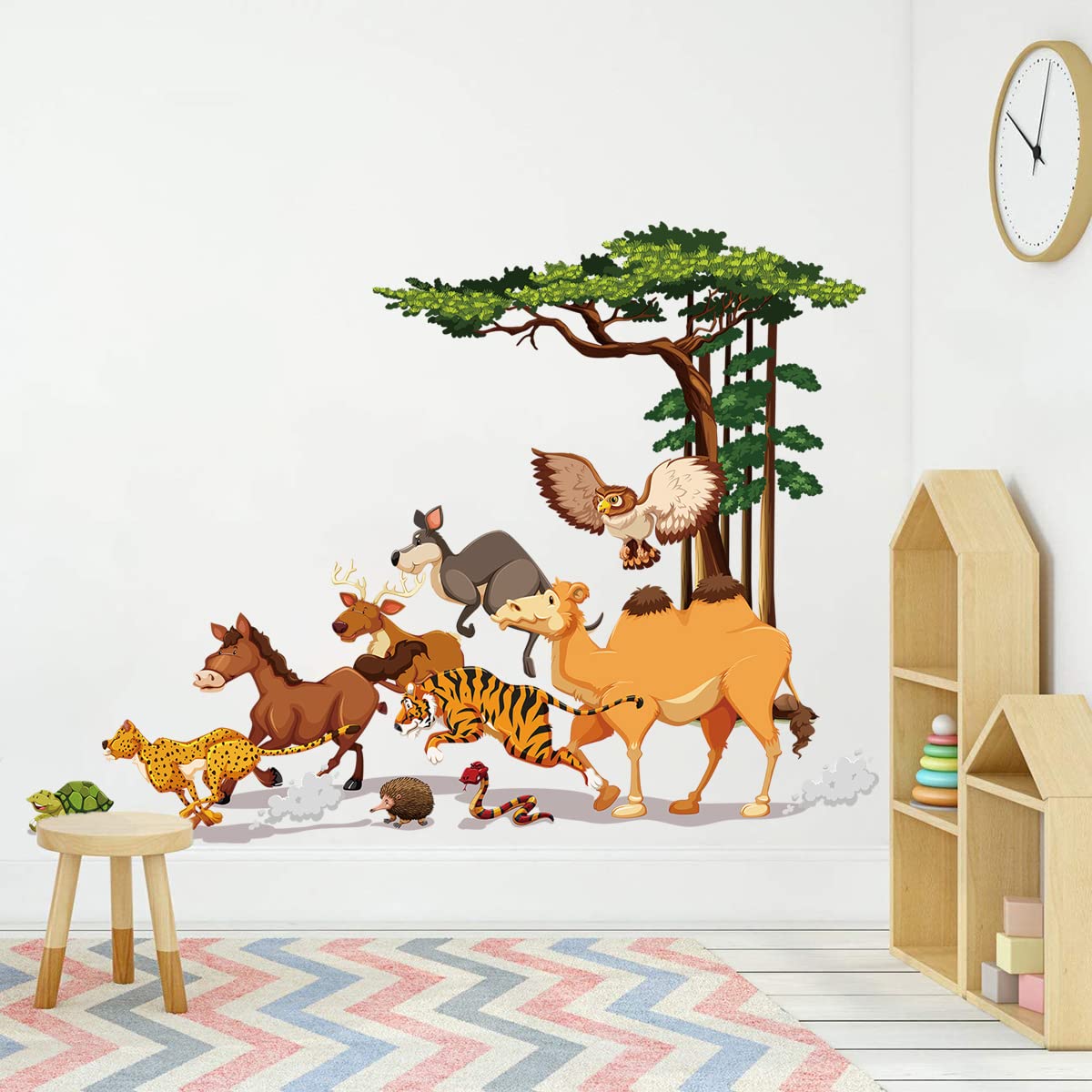 MEFOSS Removable Cartoon Jungle Animal Big Tree Wall Decals Creative Tiger Horse Leopard Turtle Wall Stickers Peel and Stick Wall Decals for Kids Bedroom Playroom Nursery Wall Decor (A)