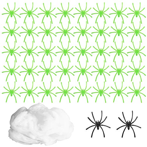 WXJ13 Halloween Decorations Spider Webs with 200 Glow Spiders Spooky Spider Webbing with 2 Black Fake Spiders for Halloween Party Decorations