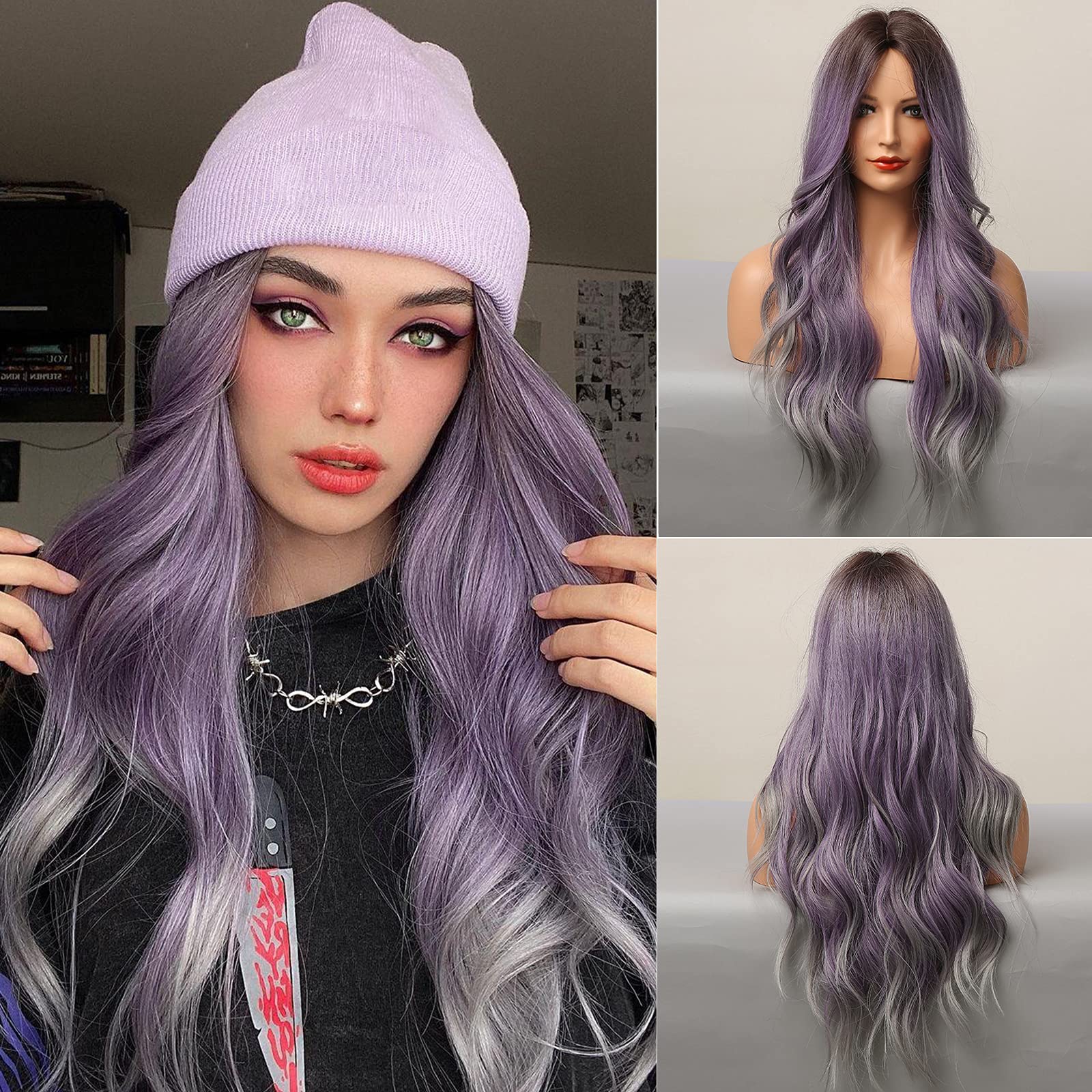 YUSHU Long Purple Wigs for Women Long Wavy Ombre Middle Part Colored Heat Resistant Synthetic Wig for Daily Party Use Cosplay(Ombre Purple, 26 Inch)