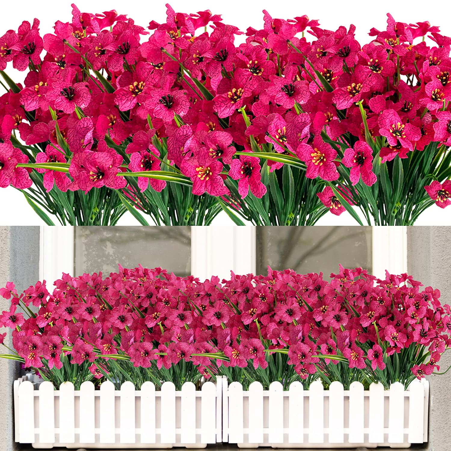 12 Bundles Artificial Outdoor Flowers, Outdoor UV Resistant Shrubs Plants, Faux Plastic Greenery Violet for Hanging Planter Kitchen Home Porch Window Box Wedding Office Garden Decor Indoor Outdoor