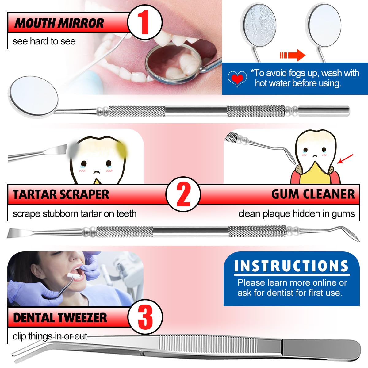 Antonki 6 Pack Teeth Cleaning Dental Tools, Plaque Remover Dental Hygiene Kit, Stainless Steel Professional Tooth Tartar Scraper for Home Use - with Case