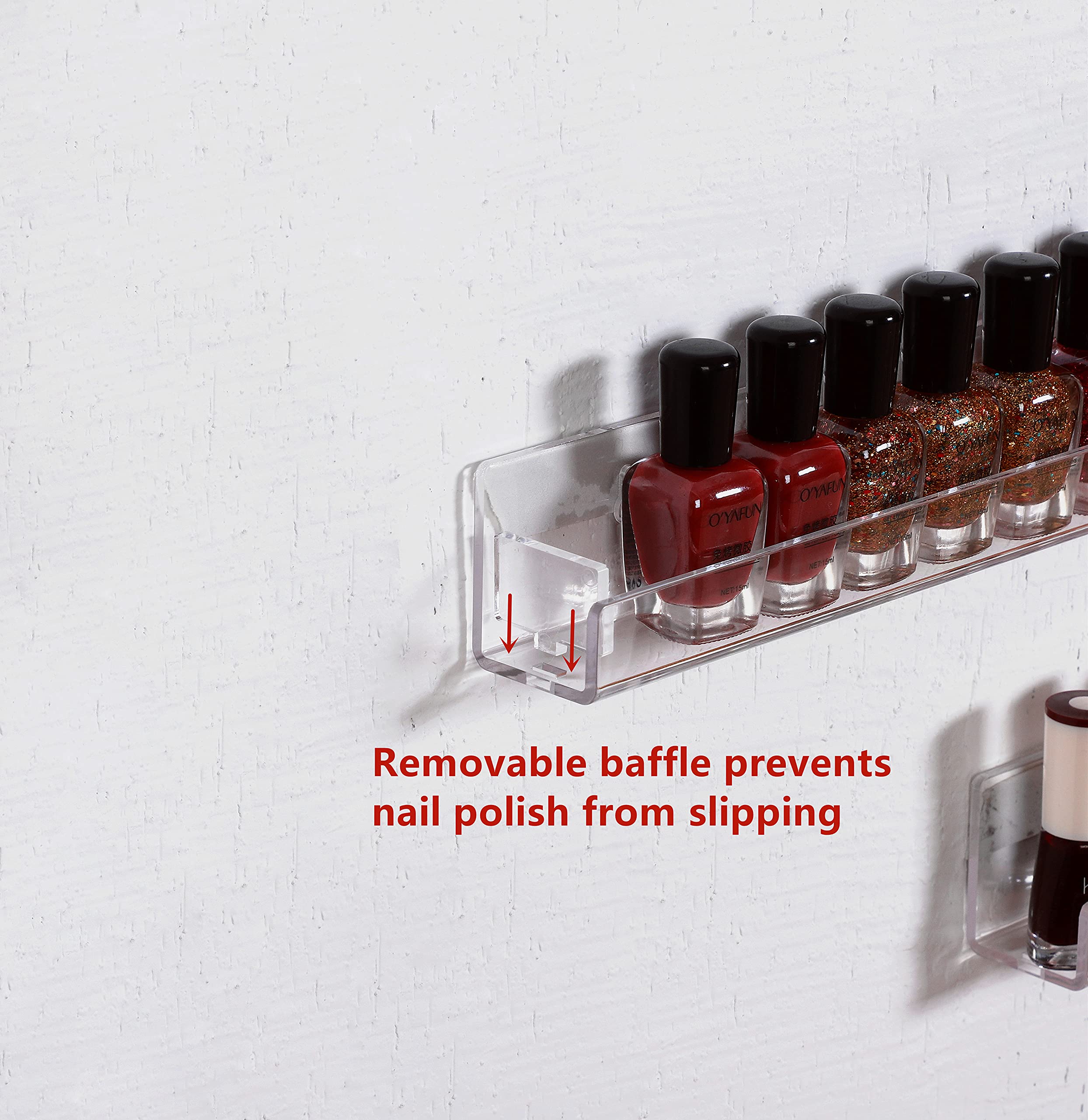 LikeU Nail Polish Rack Wall Mounted Shelf 4 Pack,Clear Acrylic Nail Polish Holder Organizer with Removable Anti-slip End Inserts,4 Tiers Floating Polish Organizer Display 60 Bottles