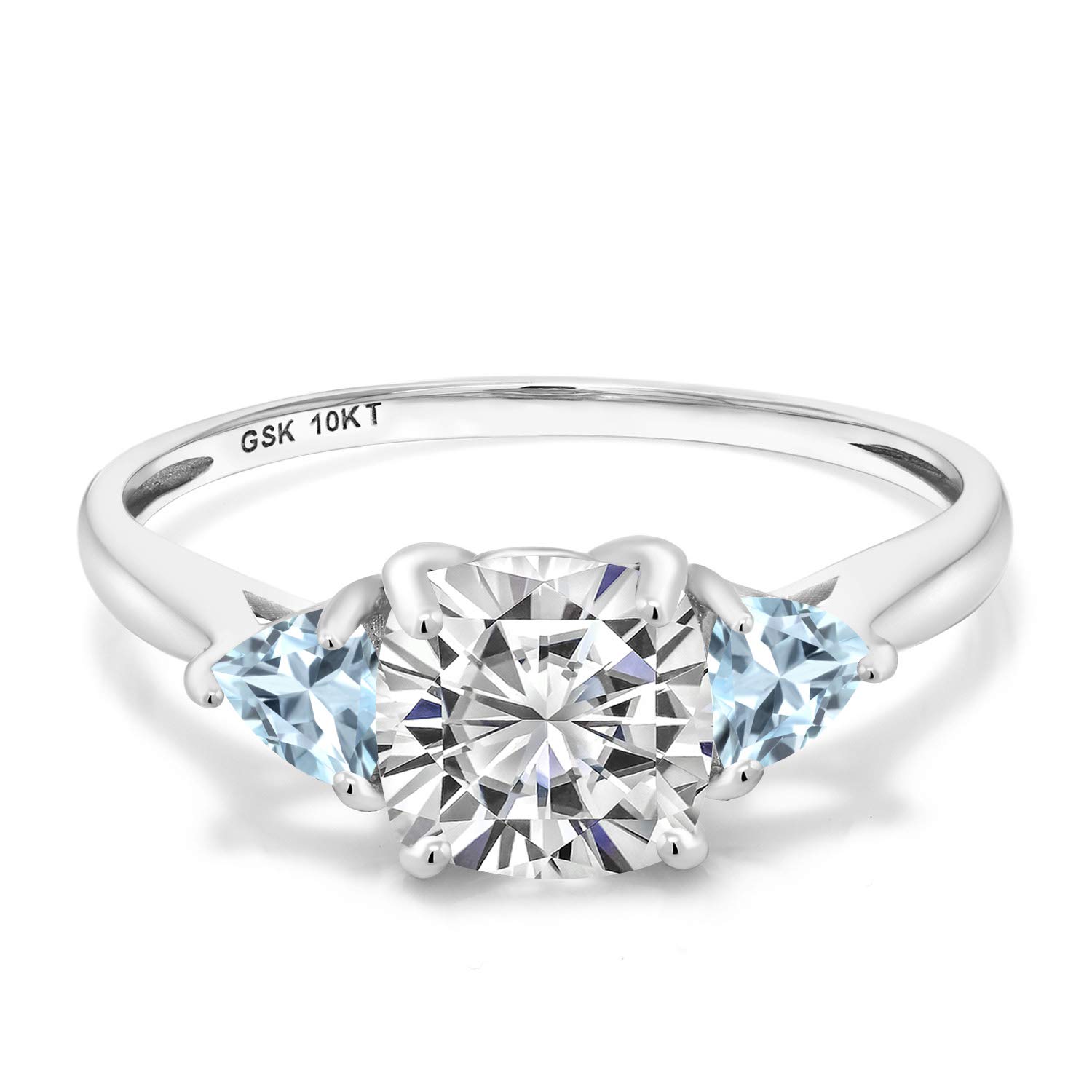 10K White Gold White Moissanite from Charles & Colvard and Sky Blue Aquamarine 3-Stone Engagement Ring For Women (2.11 Cttw, 7MM Cushion and 4MM Trillion, Available In Size 5, 6, 7, 8, 9)