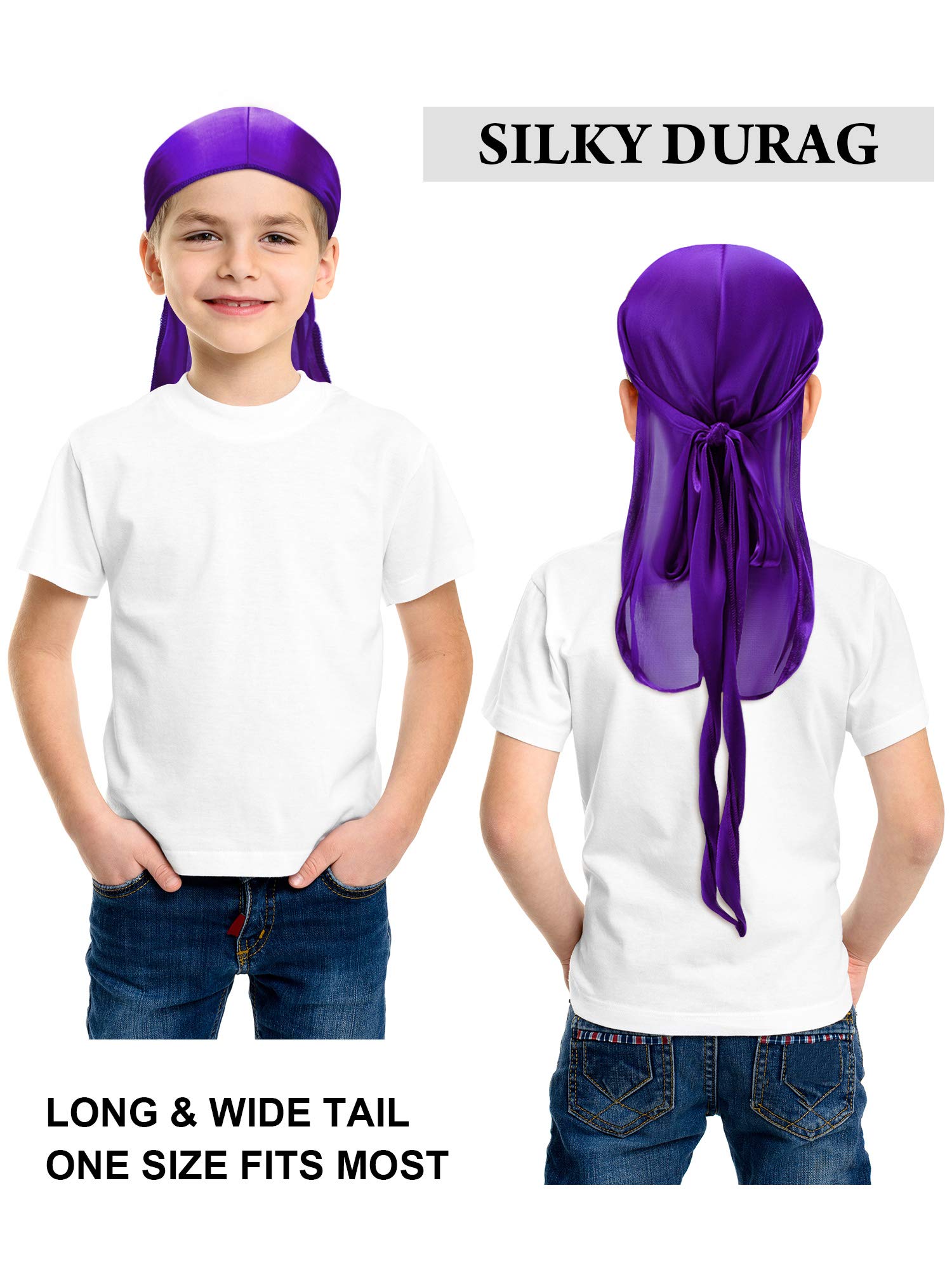 8 Pieces Satin Baby Durags Kids Satin Durag Caps Headwraps with Long Tail and Wide Straps for 360 Waves (Dark Color)