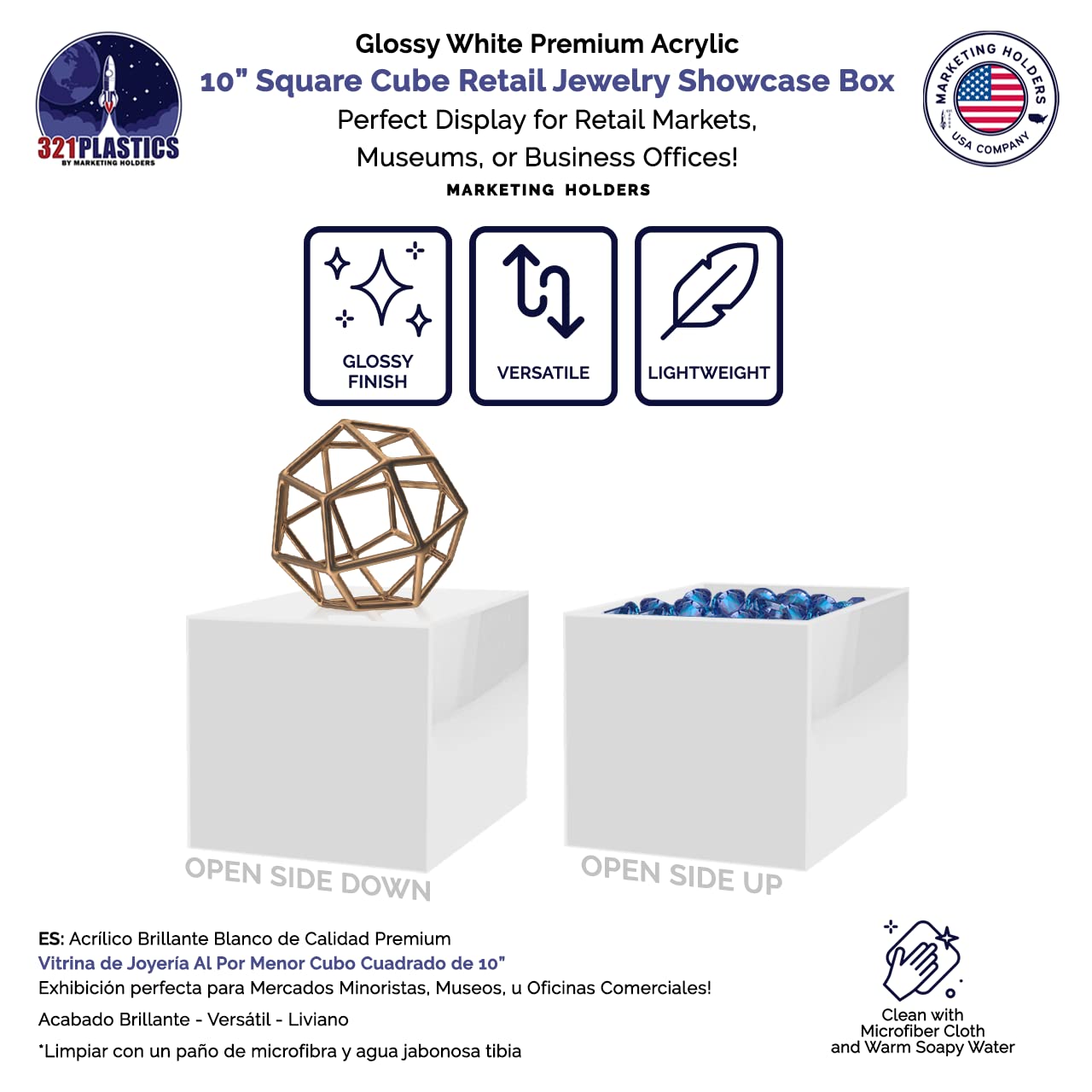 10" Acrylic Display Riser Box with One Open Side No Lid Versatile Glossy White Square Lucite Retail Product Platform or Merchandise Storage Bin by Marketing Holders