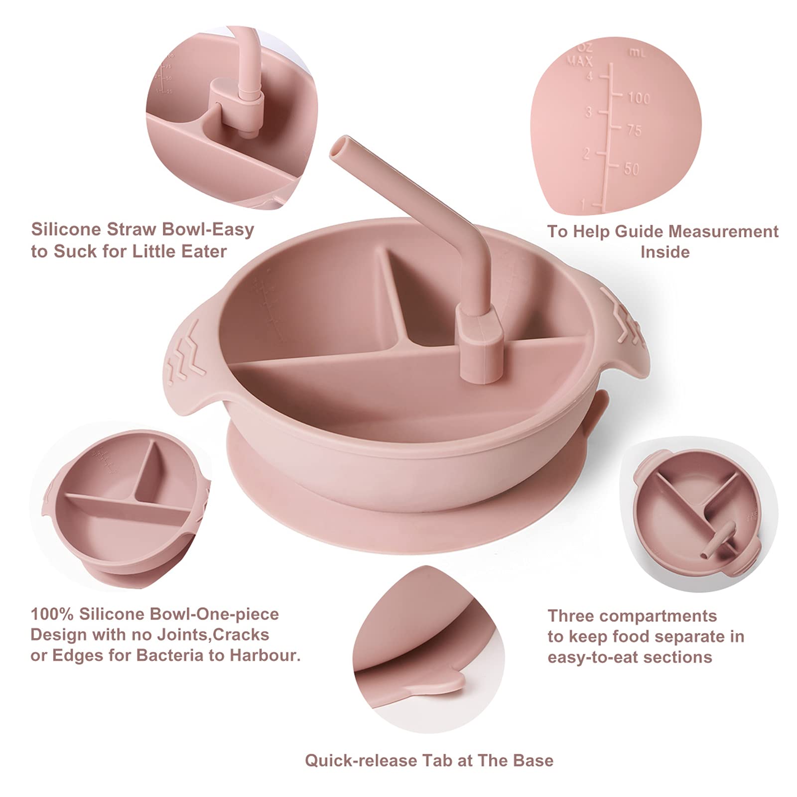 haakaa Silicone Divided Suction Bowl With Straw, Self Feeding Training Divided Bowl For Baby Toddler, Portable Non Slip Child Feeding Stay Put Bowl,Blush