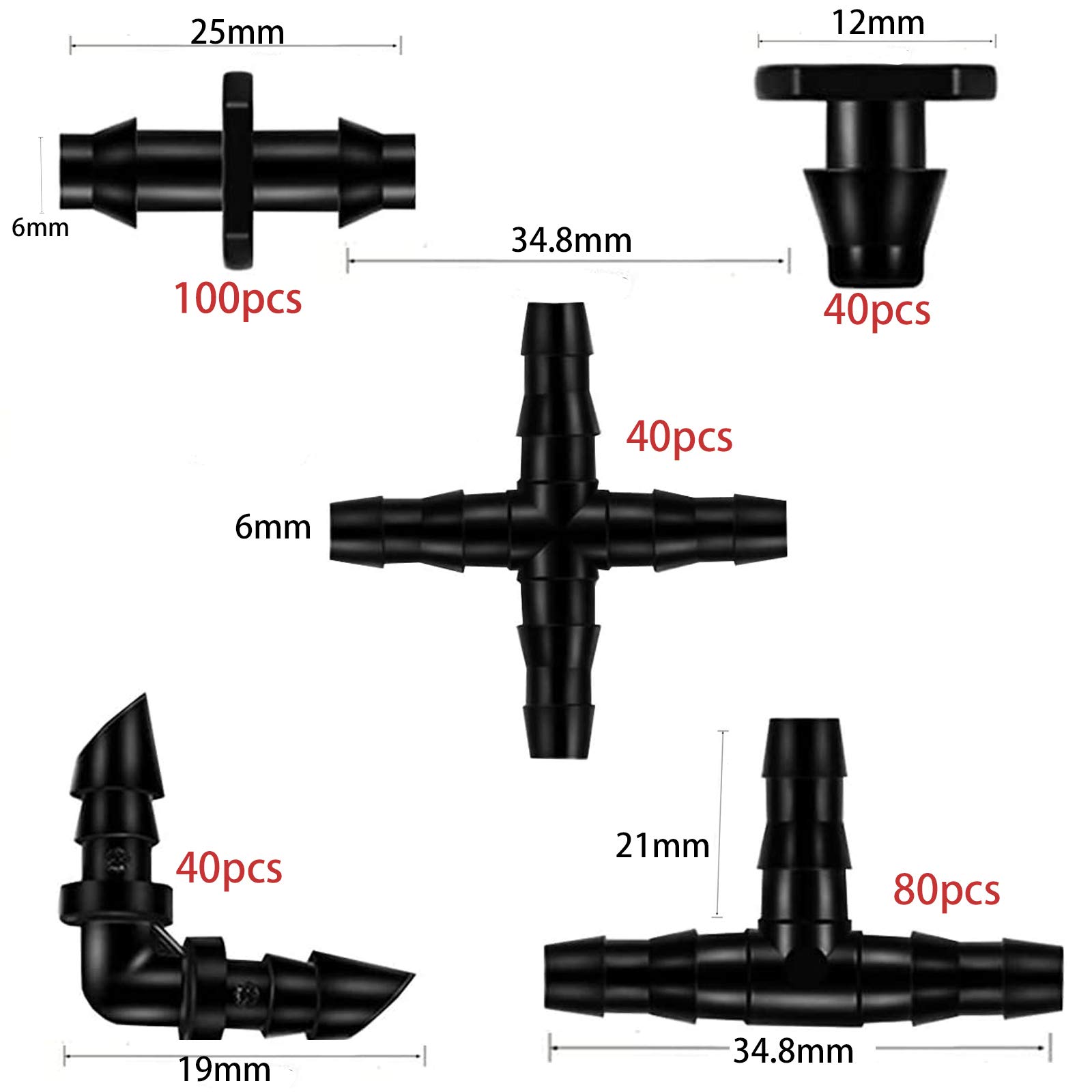 HOINCO 300Pcs Barbed Connectors Irrigation Fittings Kit, Drip Irrigation Barbed Connectors for 1/4 Inch Tube, for Flower Pot Garden Lawn (Elbows, End Plug, Straight Barbs, Tees, 4-Way Coupling)