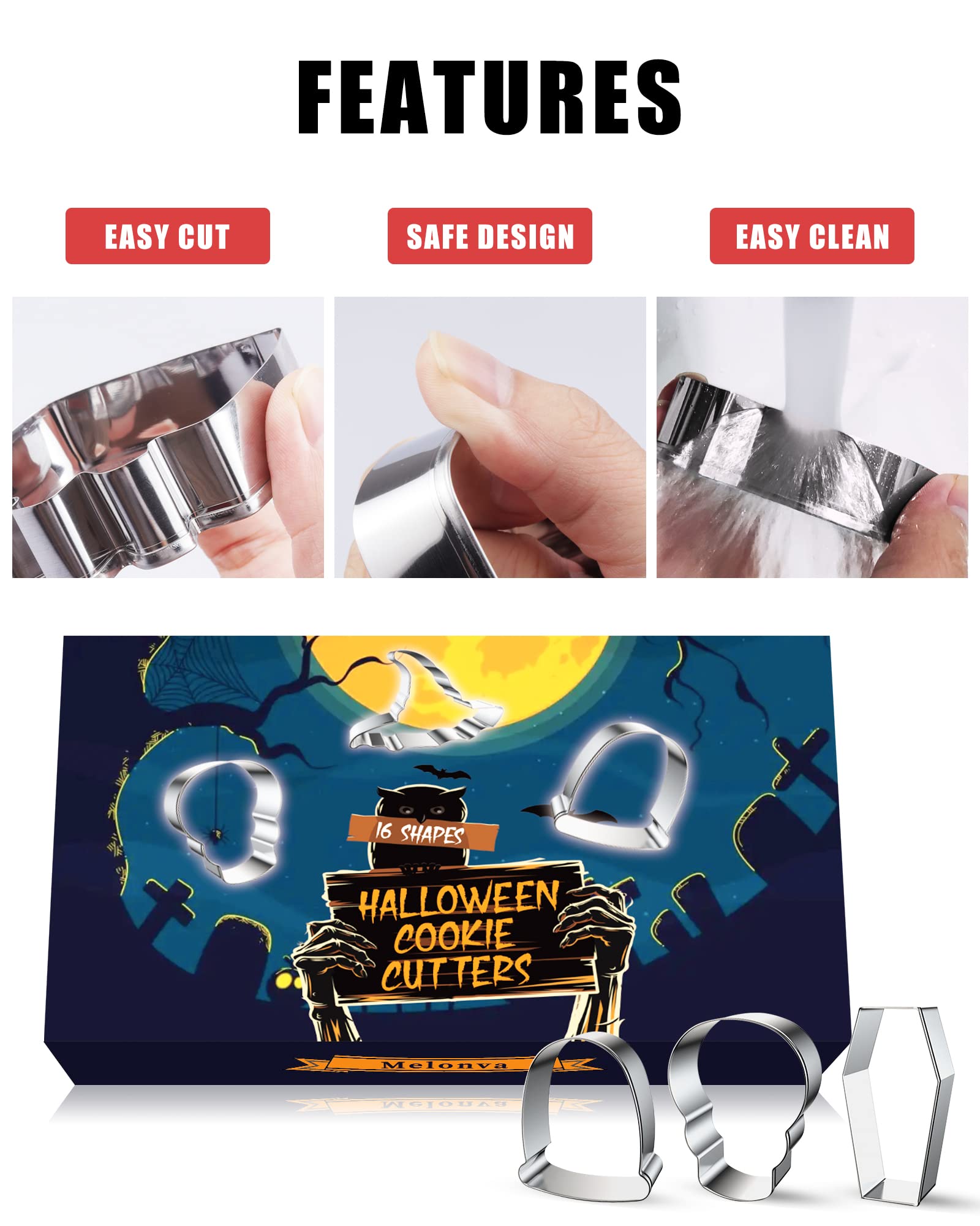 16 Pcs Halloween Cookie Cutters Halloween Set with Decorating Instructions Stainless Steel Pumpkin Witch Hat Cat Bat Skull Ghost Candy Coffin And More