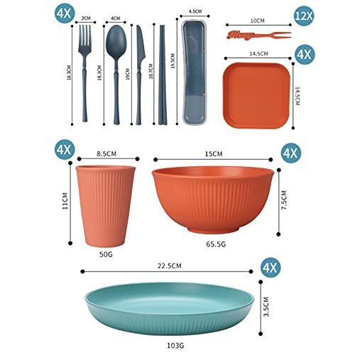 48 Pcs Wheat Straw Dinnerware Sets, Unbreakable Plates and Bowls Sets, Reusable Dinnerware Sets for 4 People, Travel Camping Picnic Home Party Cutlery Set, Dishwasher Microwave Safe Dishes