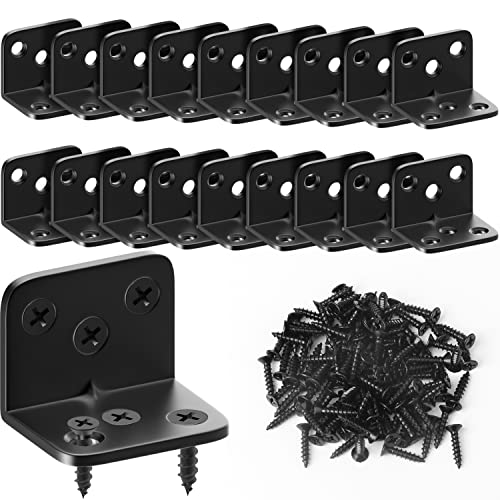 18PCS L Bracket Small Shelf Bracket, Heavy Duty L Brackets for Shelves, Premium Corner Bracket Angle Bracket, Black Metal Corner Brace for Wood Furniture Cabinet +108 Screws (1.5x1.1x1.1 inch)