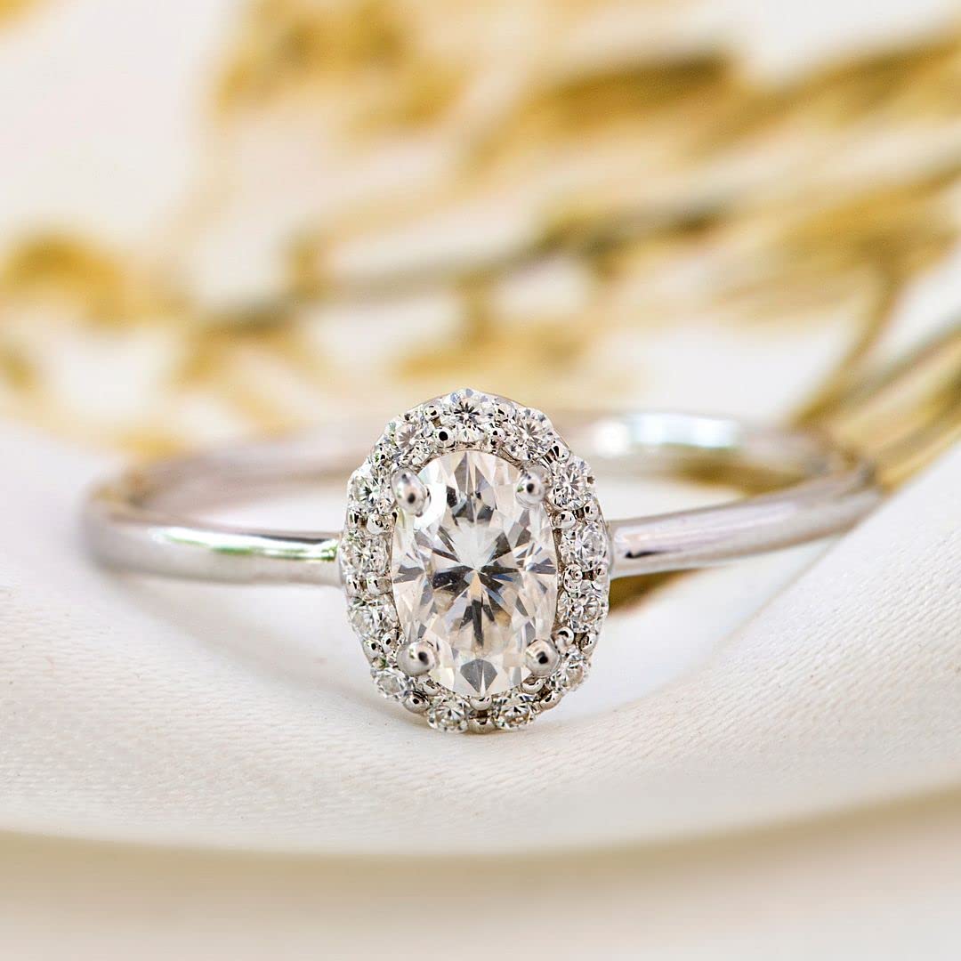 10K White Gold Oval Moissanite and Round Natural Diamond Solitaire Halo Delicate Engagement Ring Size 5US (5/8 CTW, I-J, SI)