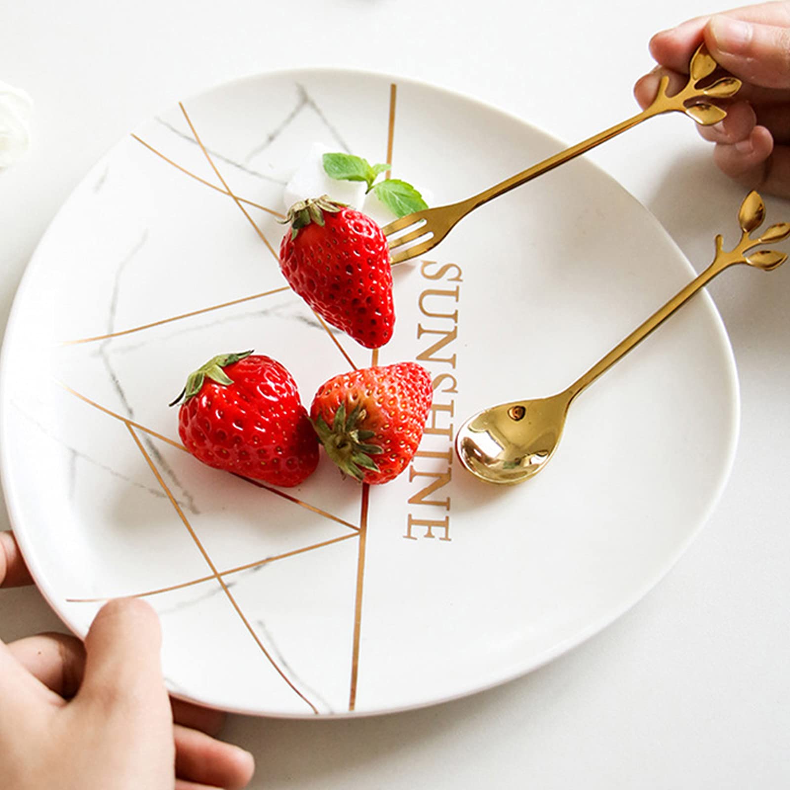 12 Pieces Stainless Steel Gold Leaf Coffee Spoon, findTop Spoons Fruit Forks Stainless Steel Mini Creative Tableware for Sugar Cake Ice Cream Tea Stirring Mixing Tea Spoon and Fork Set (Gold)