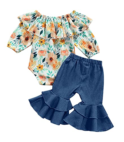 VISGOGO Baby Bell Bottoms Toddler Newborn Girl Outfits Fall Winter 3 6 9 12 18 Months Floral Print Flare Pants for Girls (Dark Blue, 0-3 Months)