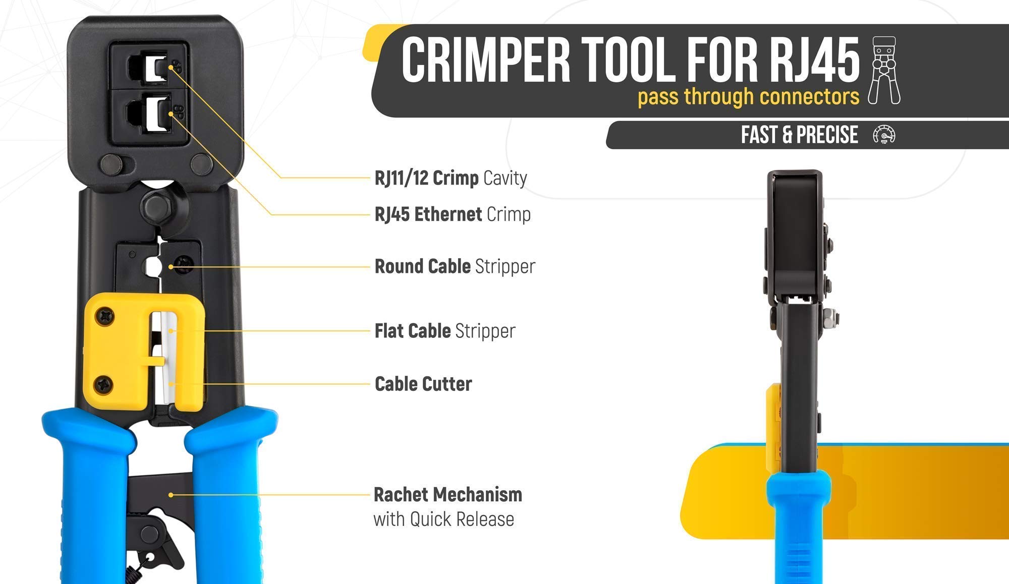 Bundle β 2 items: RJ45 Crimp Tool + 50/50 Pack of Cat6/6a Pass Through Connectors and Strain Relief Boot, for a Thick 23 AWG Large Diameter UTP Cable.