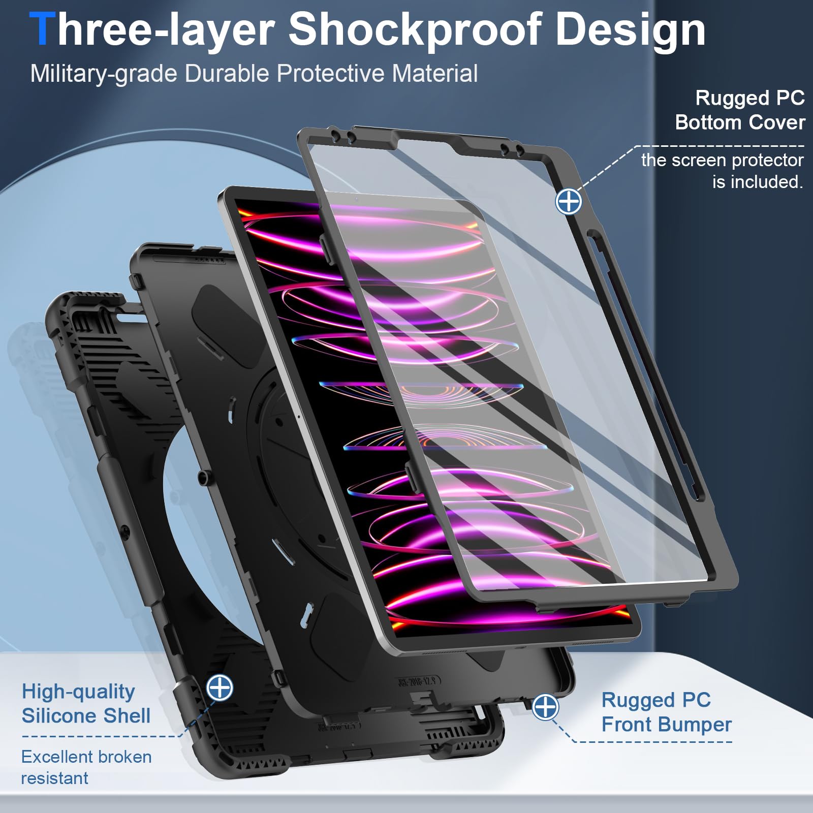 GROLEOA for iPad Pro 12.9 Case 2022/2021/2020 with Pencil Holder Screen Protector, iPad Pro 12.9 inch 6th/5th/4th Generation Cover, Full Body Shockproof Protective Rubber Case W/Stand Strap, Black